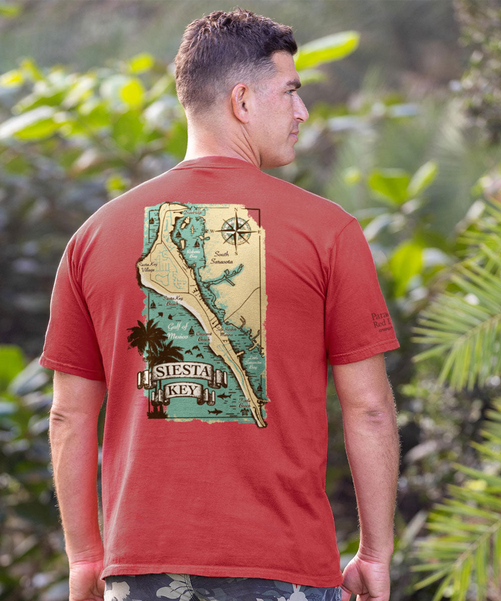 Siesta Key Map - Paradise Red Dyed Short Sleeve Crewneck T-Shirt