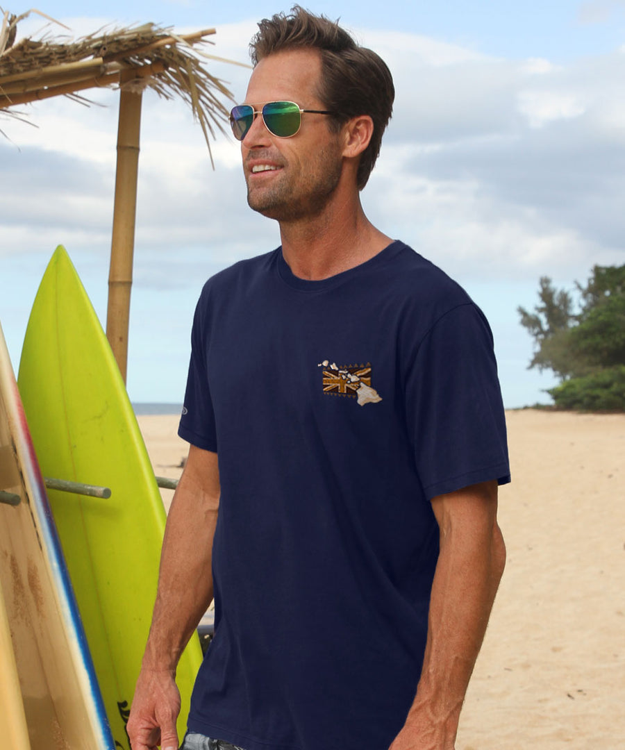 Hawaii Longboard Flag Map - Indigo Short Sleeve Pima T-Shirt