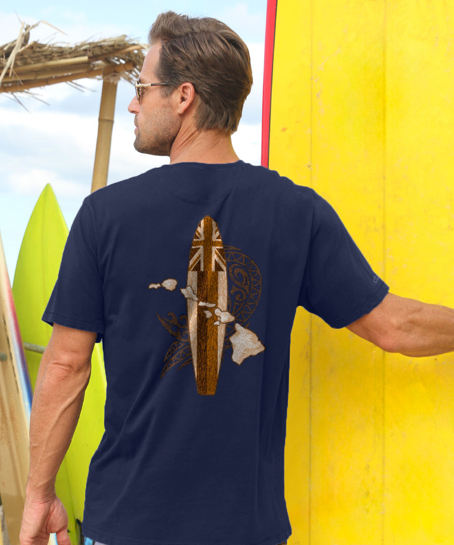 Hawaii Longboard Flag Map - Indigo Short Sleeve Pima T-Shirt