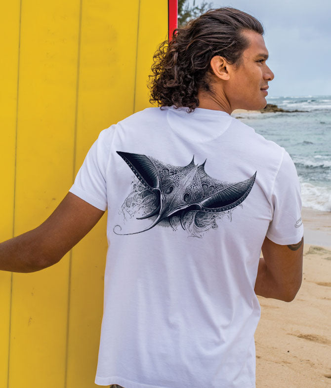 Tribal Manta Ray T-Shirt | Men's White 100% Pima Cotton Tee
